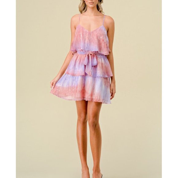 privy | Dresses | Tie Dye Chiffon Wiast Tie Tiered Ruffle Mini Dress ...
